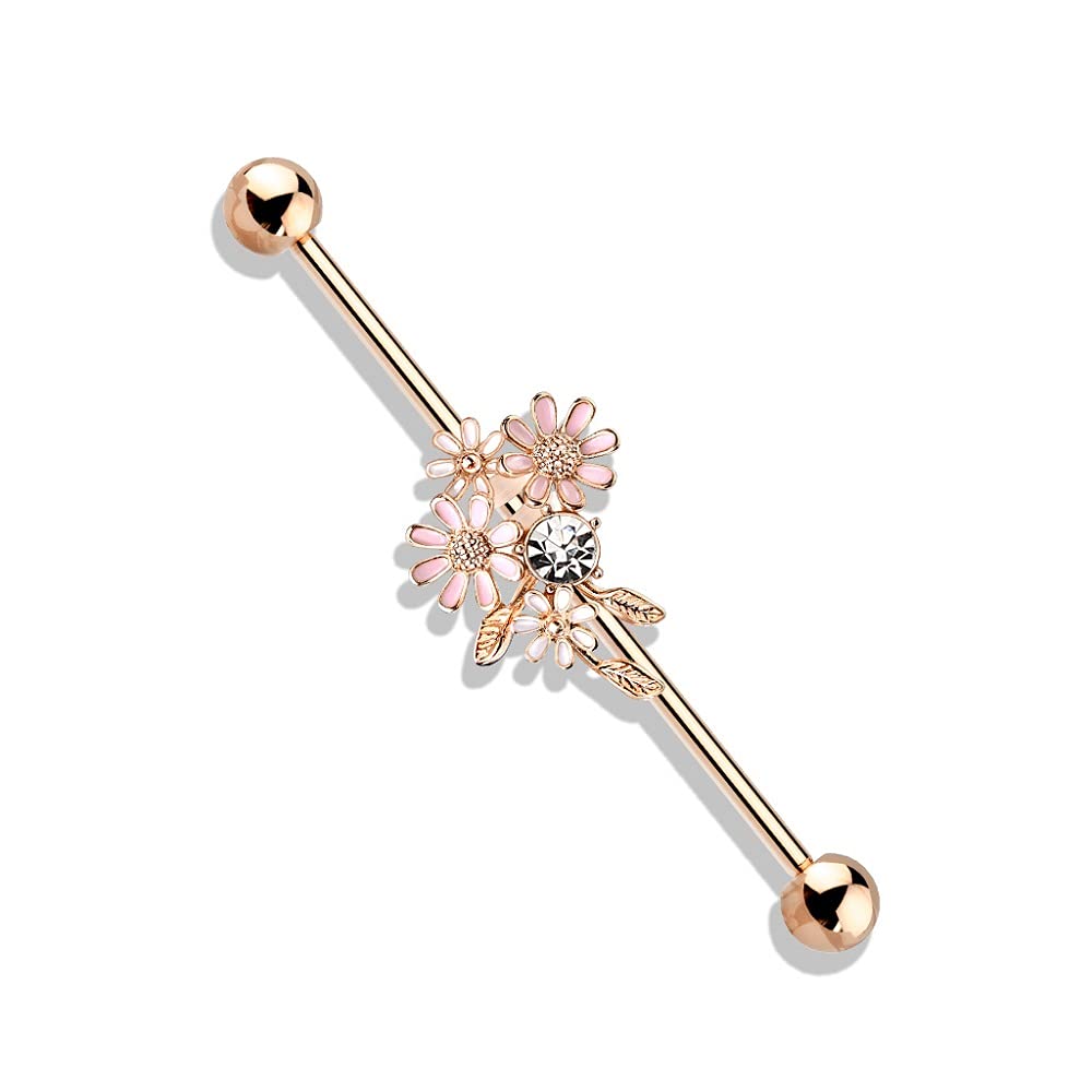 Pierced Owl 14GA Stainless Steel CZ Crystal and Enamel Flower Bouquet Industrial Barbell (Rose Gold Tone)