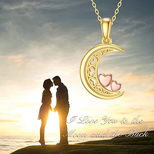 14K Gold Moon Hearts Necklace for Women, Rotating Moon Design, Real Gold Love Heart Moon Pendant Jewelry Mothers for Her, Wife, Mom 18 Inch