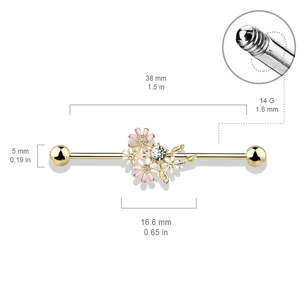 Pierced Owl 14GA Stainless Steel CZ Crystal and Enamel Flower Bouquet Industrial Barbell (Rose Gold Tone)