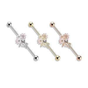 Pierced Owl 14GA Stainless Steel CZ Crystal and Enamel Flower Bouquet Industrial Barbell (Rose Gold Tone)