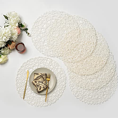 IcosaMro White Round Placemats Set of 6 for Dining Table, 15 Inch Paper Woven Boho Decorative Circle Place Mat for Wedding Holiday Christmas Thanksgiving Day Dinner