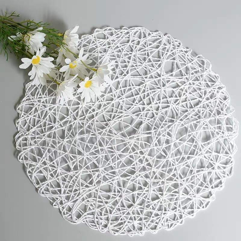 IcosaMro White Round Placemats Set of 6 for Dining Table, 15 Inch Paper Woven Boho Decorative Circle Place Mat for Wedding Holiday Christmas Thanksgiving Day Dinner