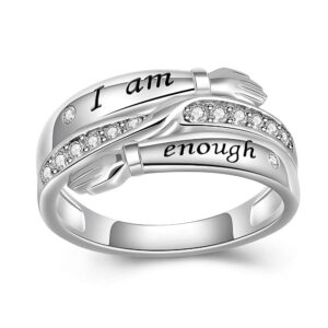 sterling silver i am enough hug ring matching engagement promise for women best friend crystal cubic zirconia cute dainty fidget for anxiety love size 10 rings