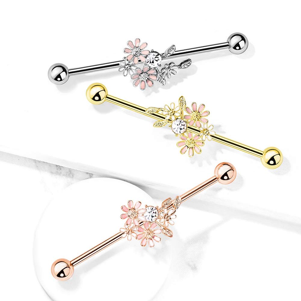 Pierced Owl 14GA Stainless Steel CZ Crystal and Enamel Flower Bouquet Industrial Barbell (Rose Gold Tone)