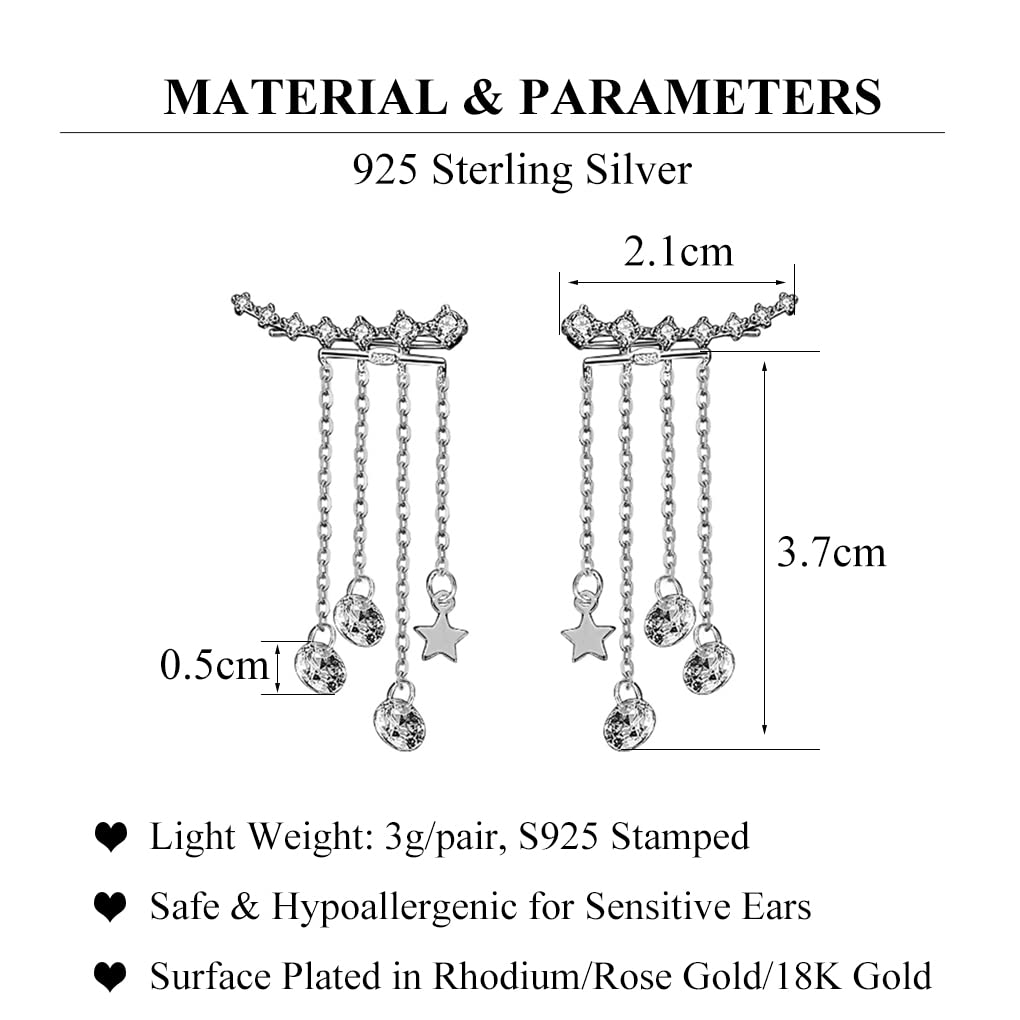 SLUYNZ 925 Sterling Silver 7 Crystals Cuff Earrings Tassell Chain for Women CZ Crawler Earrings Chain Climber Earrings (A-Silver)