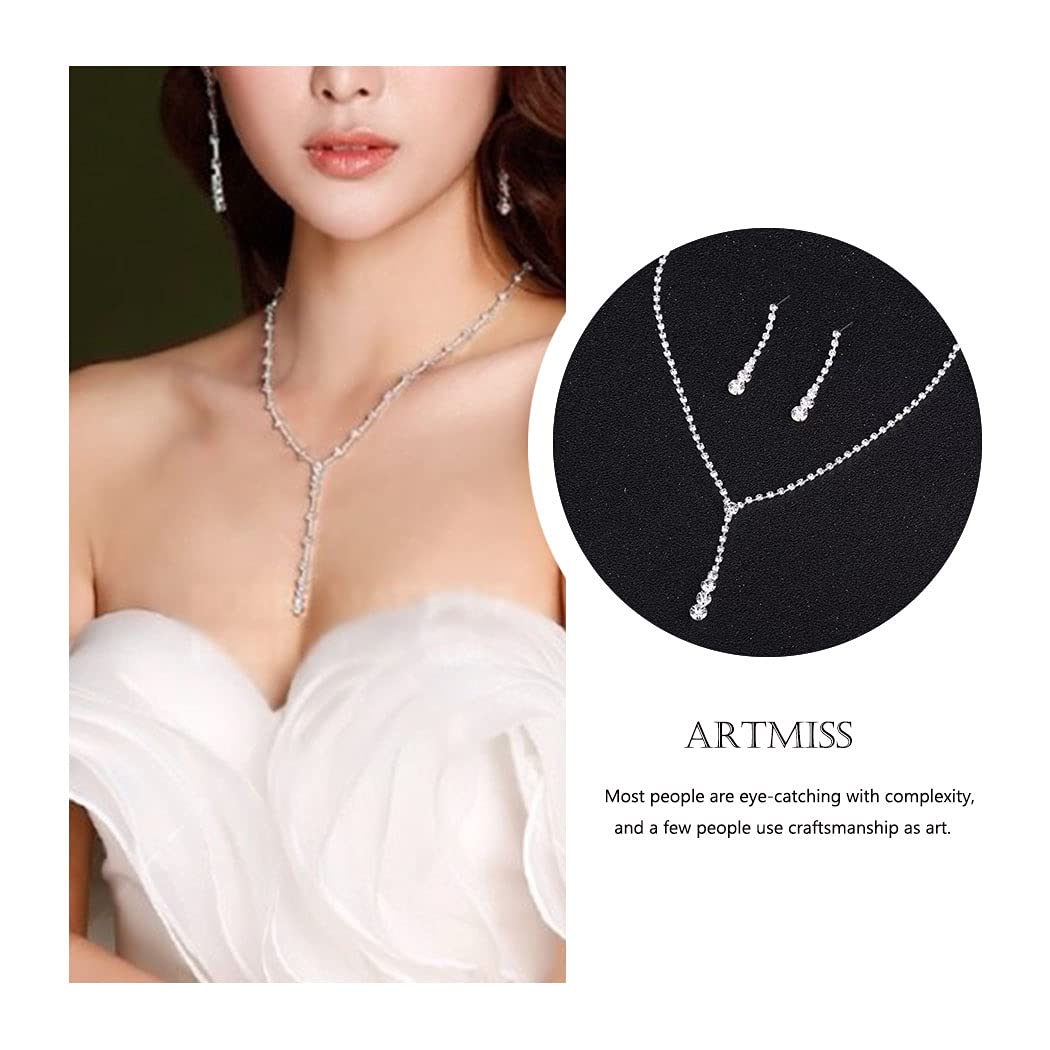 Artmiss Bridal Y Necklace Earrings Set Crystal Wedding Long Jewelry Set Rhinestone Y Necklace for Women Bride Bridesmaid