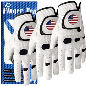 amy sport golf gloves men left hand with ball marker right handed golfer 3 pack soft leather weathersof grip soft mens glove (mlarge-worn on left hand, 3 pack with usa flag ball marker)