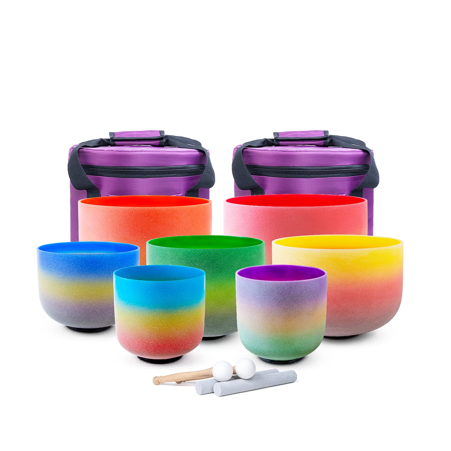 KVKA 432hz 7-12 inch Crystal Singing Bowls Set of 7 pcs Quartz Frosted Singing Bowls For Sound Healing with 2 PCS Travel Carry Case Bag (7-12inch, Rainbow)