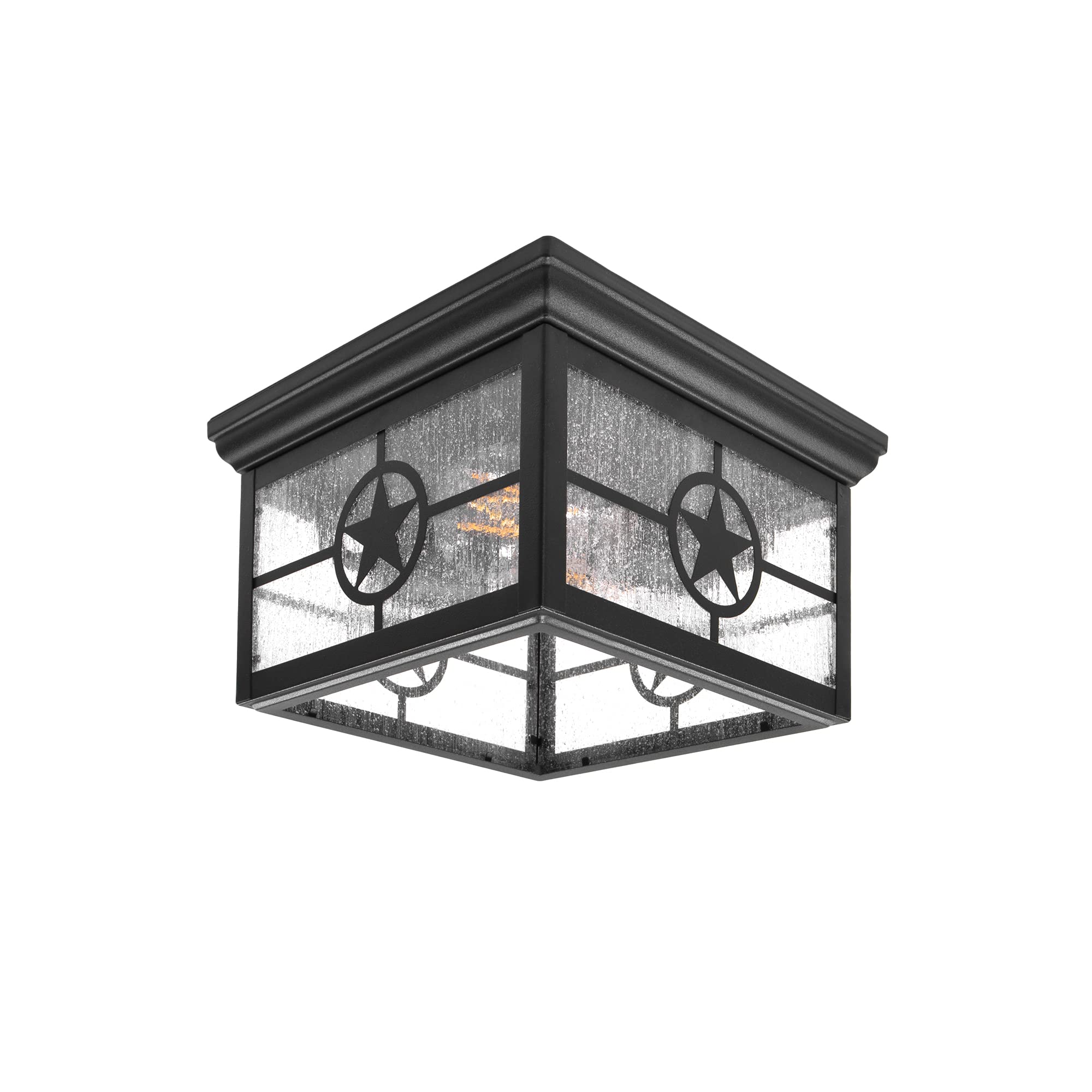 CORAMDEO Country Star Square 2 Light Ceiling Mount Farmhouse Fixture, Indoor or Outdoor, Two Standard Sockets, Open Bottom, Damp Location, Black Powder Coat Finish with Seedy Glass