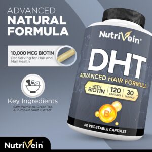 Nutrivein DHT Blocker with Biotin - Boosts Hair Growth & New Follicle Growth for Men and Women - 30 Day Supply (60 Capsules, Two Daily)