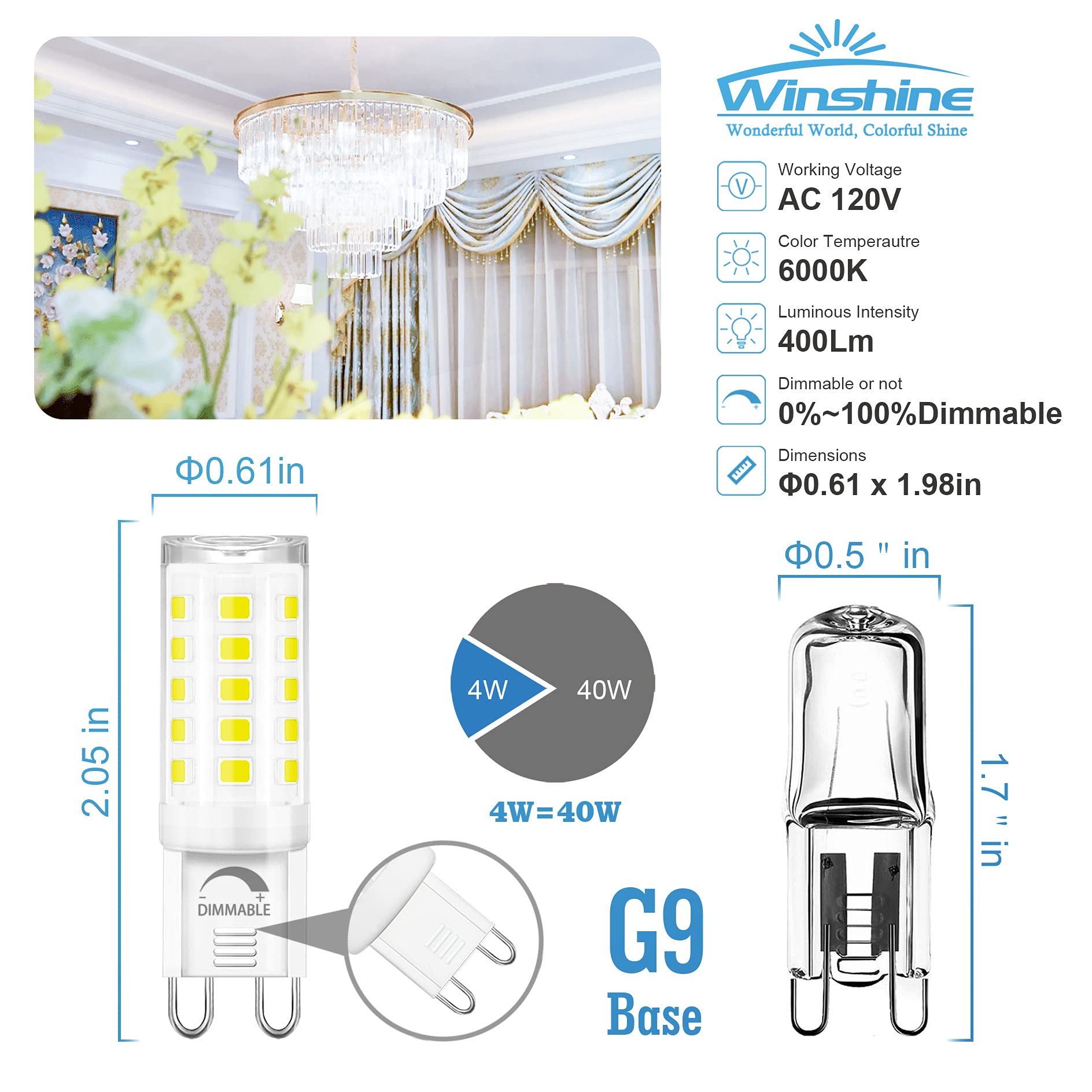 winshine G9 LED Bulb Dimmable 6000K Daylight 4W, 40Watt G9 Halogen Equivalent G9 Bi Pin Base,T4 Chandelier Lighting No-Flicker Light Bulb 120V AC 5 Pack