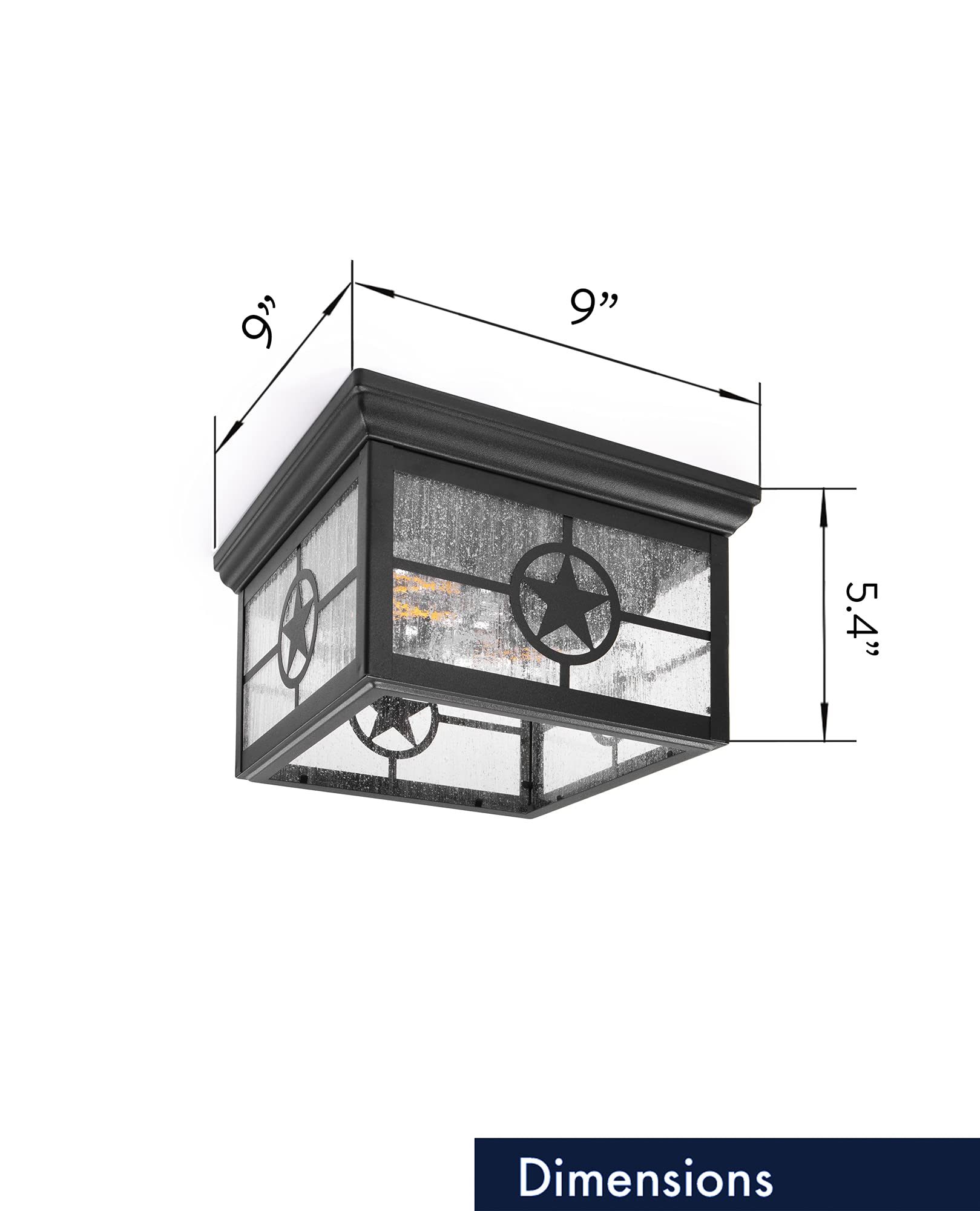 CORAMDEO Country Star Square 2 Light Ceiling Mount Farmhouse Fixture, Indoor or Outdoor, Two Standard Sockets, Open Bottom, Damp Location, Black Powder Coat Finish with Seedy Glass