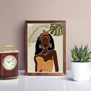 Modern Minimalist Black Woman Leaf Art Painting African American Women Art Painting Black Girl Wall Art Fashion Pop Boho Queen Girl Room Poster Painting Female Bathroom Bedroom Dressing Room Wall Home