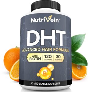 nutrivein dht blocker with biotin - boosts hair growth & new follicle growth for men and women - 30 day supply (60 capsules, two daily)