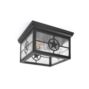 coramdeo country star square 2 light ceiling mount farmhouse fixture, indoor or outdoor, two standard sockets, open bottom, damp location, black powder coat finish with seedy glass