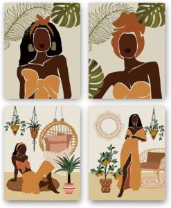 modern minimalist black woman leaf art painting african american women art painting black girl wall art fashion pop boho queen girl room poster painting female bathroom bedroom dressing room wall home