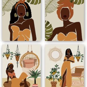 Modern Minimalist Black Woman Leaf Art Painting African American Women Art Painting Black Girl Wall Art Fashion Pop Boho Queen Girl Room Poster Painting Female Bathroom Bedroom Dressing Room Wall Home