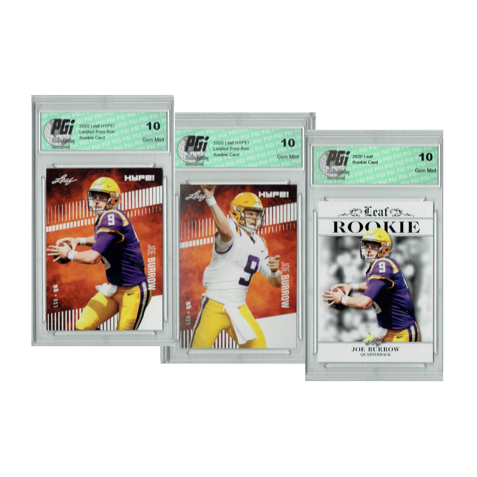 3) Joe Burrow 2020 Leaf HYPE! #30, 30A, Exclusive #2 Rookie Card Lot PGI 10