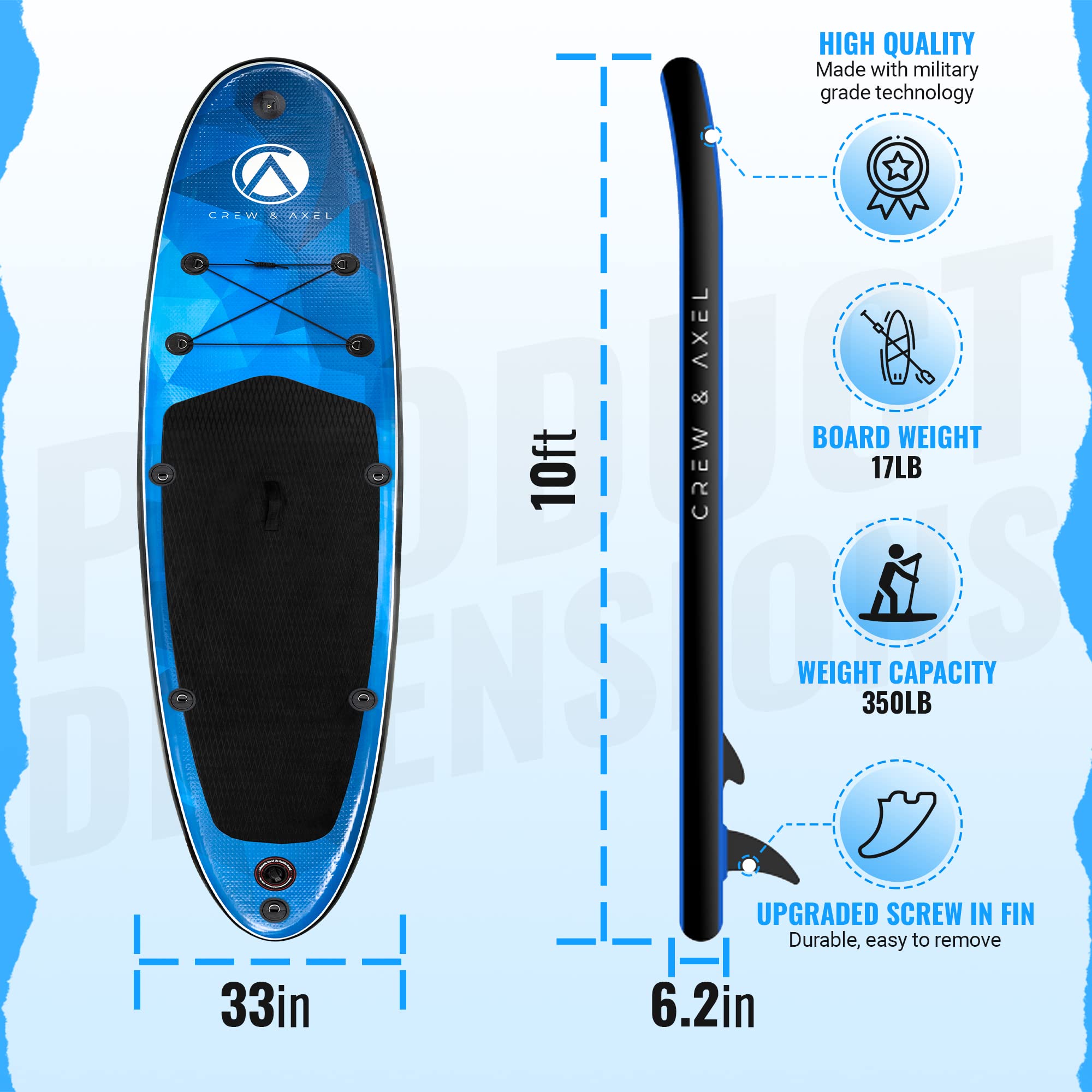 Inflatable Paddle Board SUP by Crew & Axel - 10FT 33" Wide (6.2” Thick) Stand up Paddleboard Set W/Backpack, 3 Fins, Floating Paddle, Light Weight (17lb), Drybag, Camera Mount, Rings Seat Blue