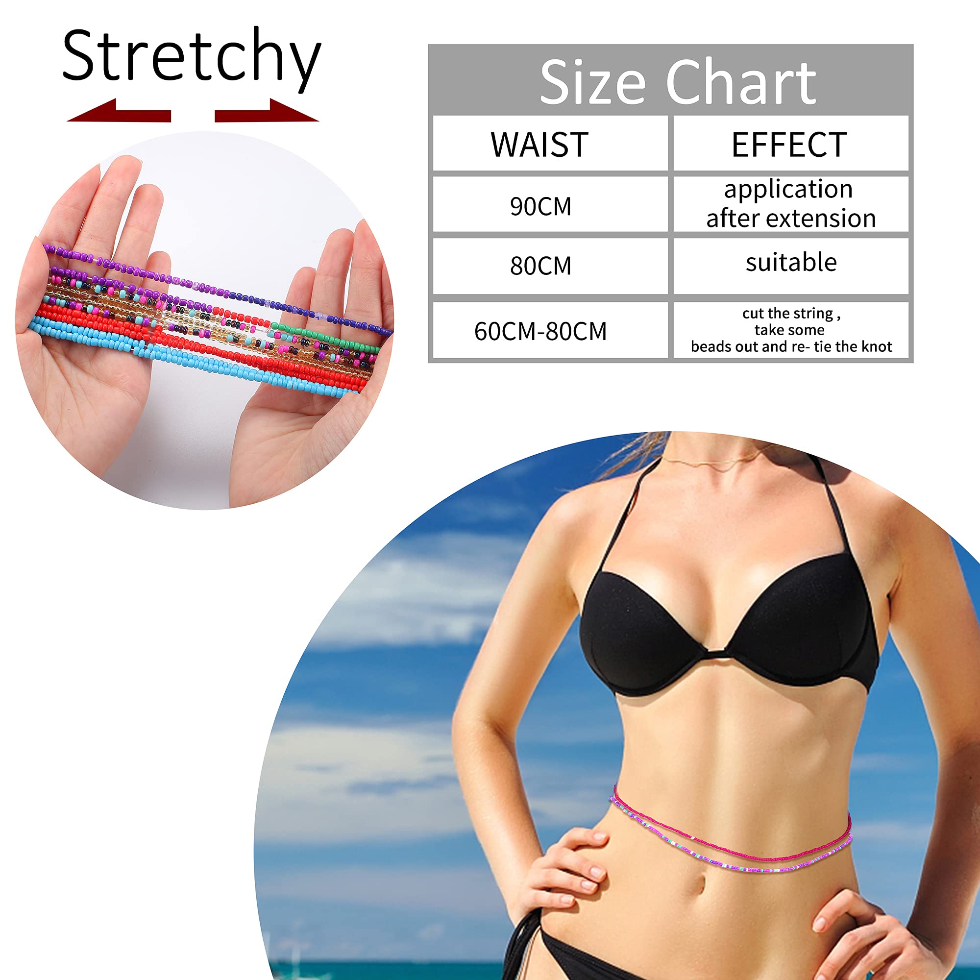 ORAZIO 32Pcs Waist Beads For Women Colorful Body Chains Set Elastic African Belly Beads Waist Beads Weight Loss Beaded Summer Bikini Jewelry