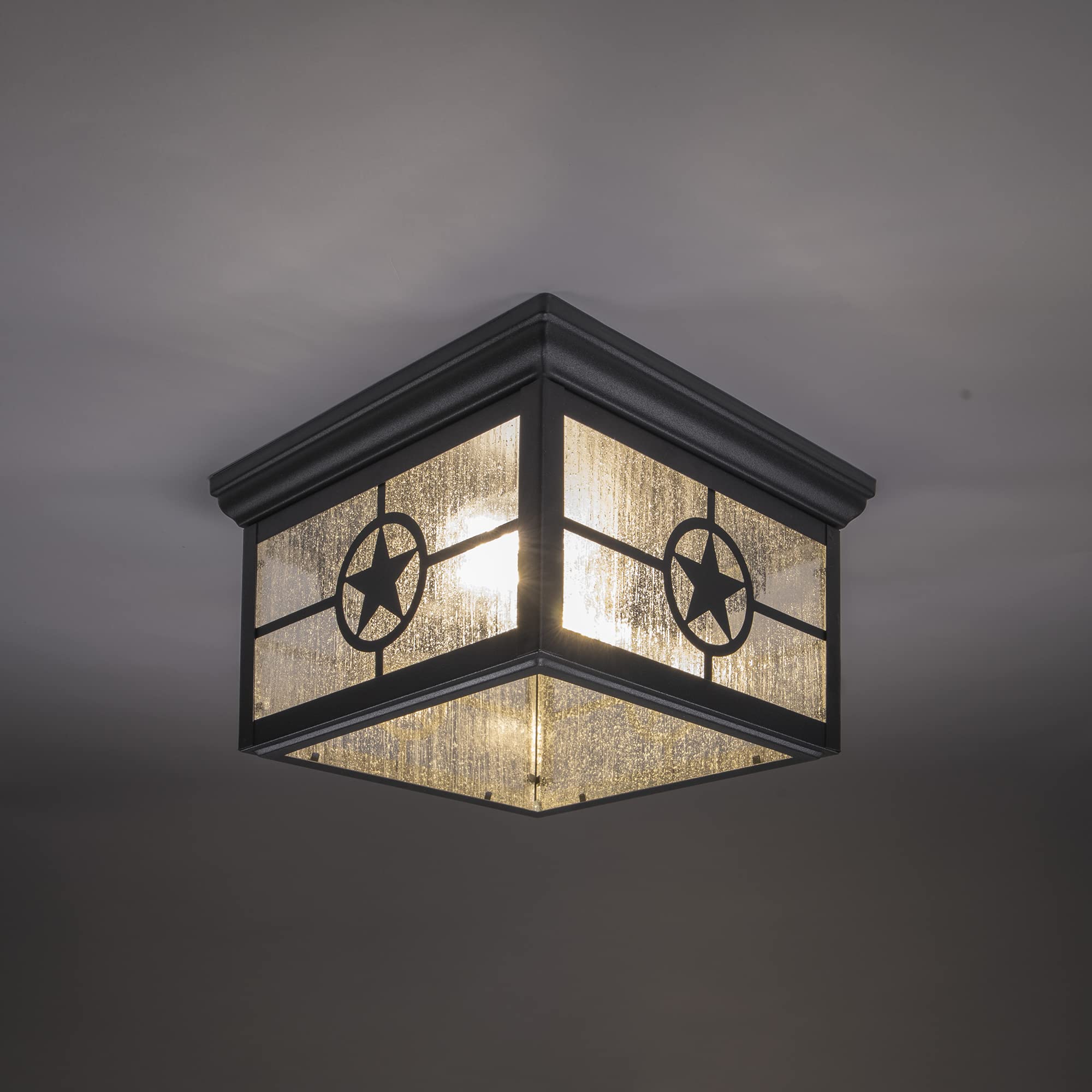 CORAMDEO Country Star Square 2 Light Ceiling Mount Farmhouse Fixture, Indoor or Outdoor, Two Standard Sockets, Open Bottom, Damp Location, Black Powder Coat Finish with Seedy Glass