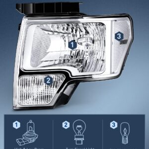 Nilight Headlight Assembly 2009 2010 2011 2012 2013 2014 F150 Chrome Housing Clear Corner Clear Lens Headlamp Replacement Driver and Passenger Side 2 Pack