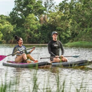 Inflatable Paddle Board SUP by Crew & Axel - 10FT 33" Wide (6.2” Thick) Stand up Paddleboard Set W/Backpack, 3 Fins, Floating Paddle, Light Weight (17lb), Drybag, Camera Mount, Rings Seat Blue