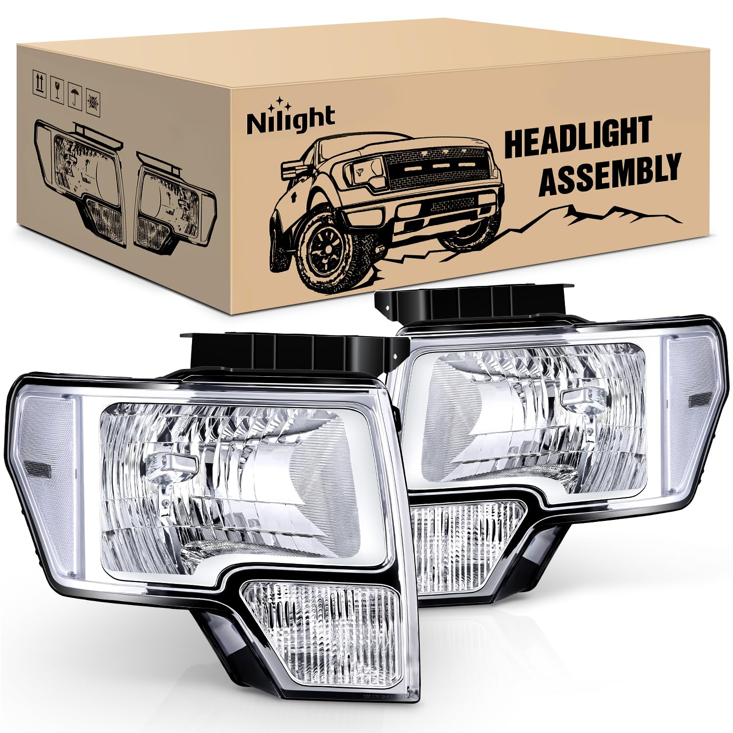 Nilight Headlight Assembly 2009 2010 2011 2012 2013 2014 F150 Chrome Housing Clear Corner Clear Lens Headlamp Replacement Driver and Passenger Side 2 Pack