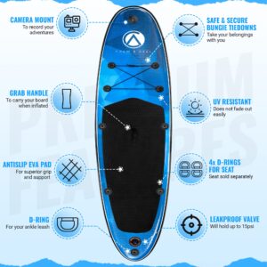 Inflatable Paddle Board SUP by Crew & Axel - 10FT 33" Wide (6.2” Thick) Stand up Paddleboard Set W/Backpack, 3 Fins, Floating Paddle, Light Weight (17lb), Drybag, Camera Mount, Rings Seat Blue