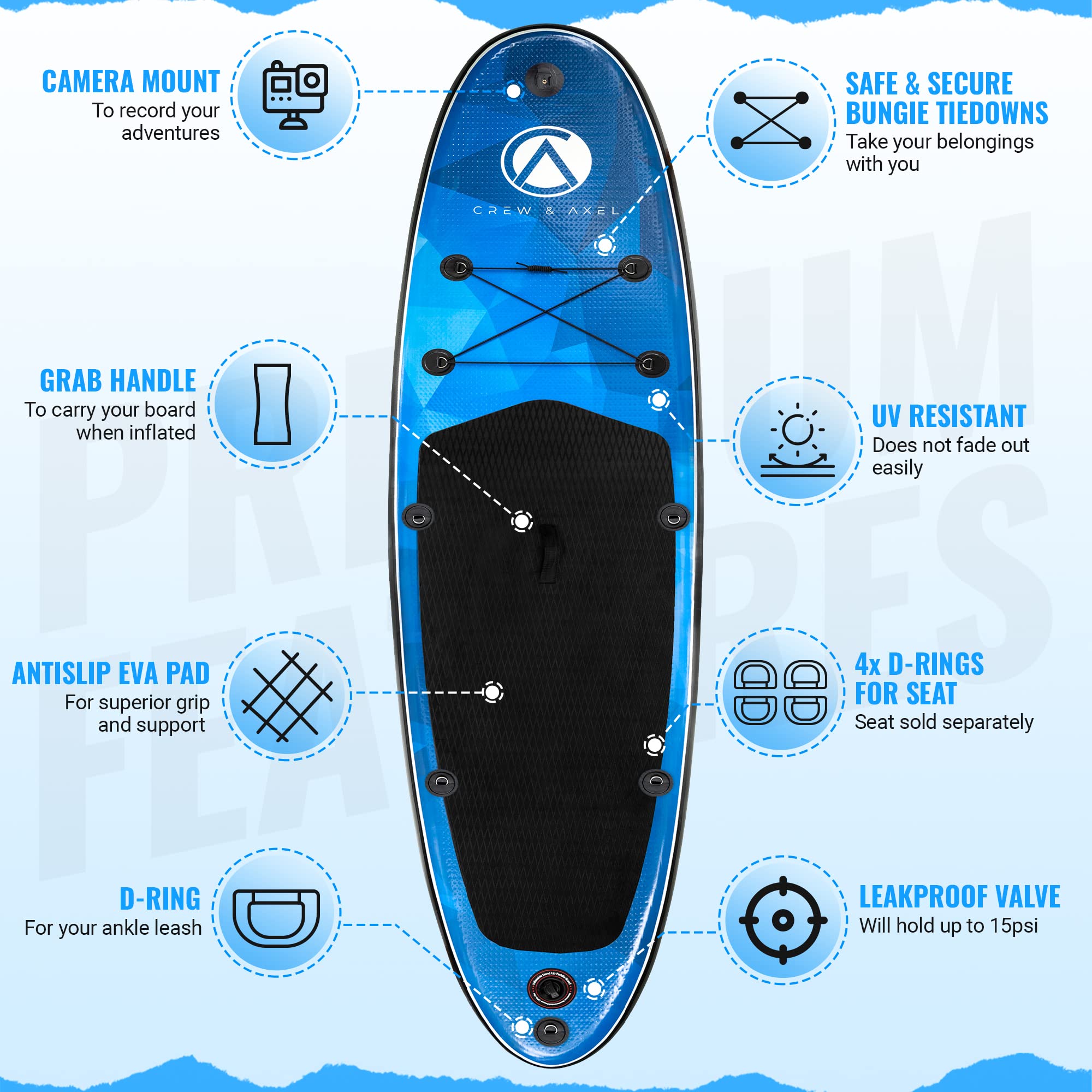 Inflatable Paddle Board SUP by Crew & Axel - 10FT 33" Wide (6.2” Thick) Stand up Paddleboard Set W/Backpack, 3 Fins, Floating Paddle, Light Weight (17lb), Drybag, Camera Mount, Rings Seat Blue