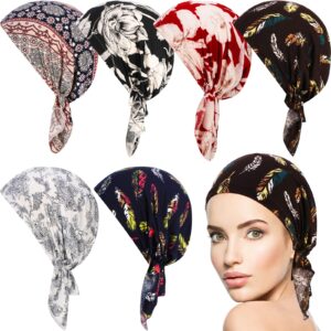 geyoga 6 pcs women head scarf pre-tied beanies covers cap stretch print sleep turban hat ruffle scarves (floral)