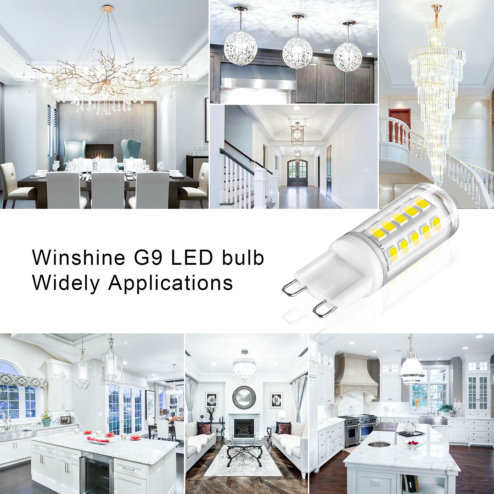 winshine G9 LED Bulb Dimmable 6000K Daylight 4W, 40Watt G9 Halogen Equivalent G9 Bi Pin Base,T4 Chandelier Lighting No-Flicker Light Bulb 120V AC 5 Pack