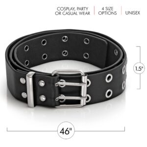 Skeleteen Double Grommet Punk Belt - Black Faux Leather 2 Prong and Holes Aesthetic Grunge Belts for Men Women and Kids (Black, Medium)