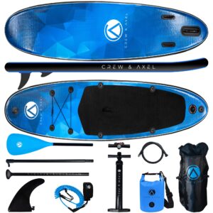 inflatable paddle board sup by crew & axel - 10ft 33" wide (6.2” thick) stand up paddleboard set w/backpack, 3 fins, floating paddle, light weight (17lb), drybag, camera mount, rings seat blue