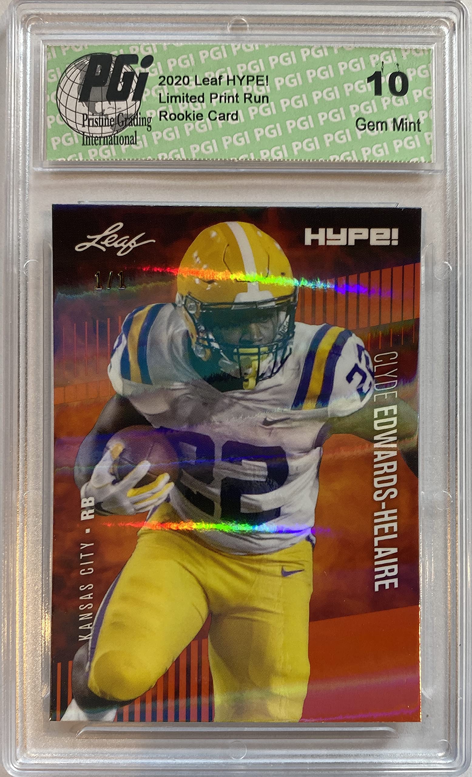 Clyde Edwards-Helaire 2020 Leaf HYPE! #36 Orange Shimmer 1/1 Rookie Card PGI 10