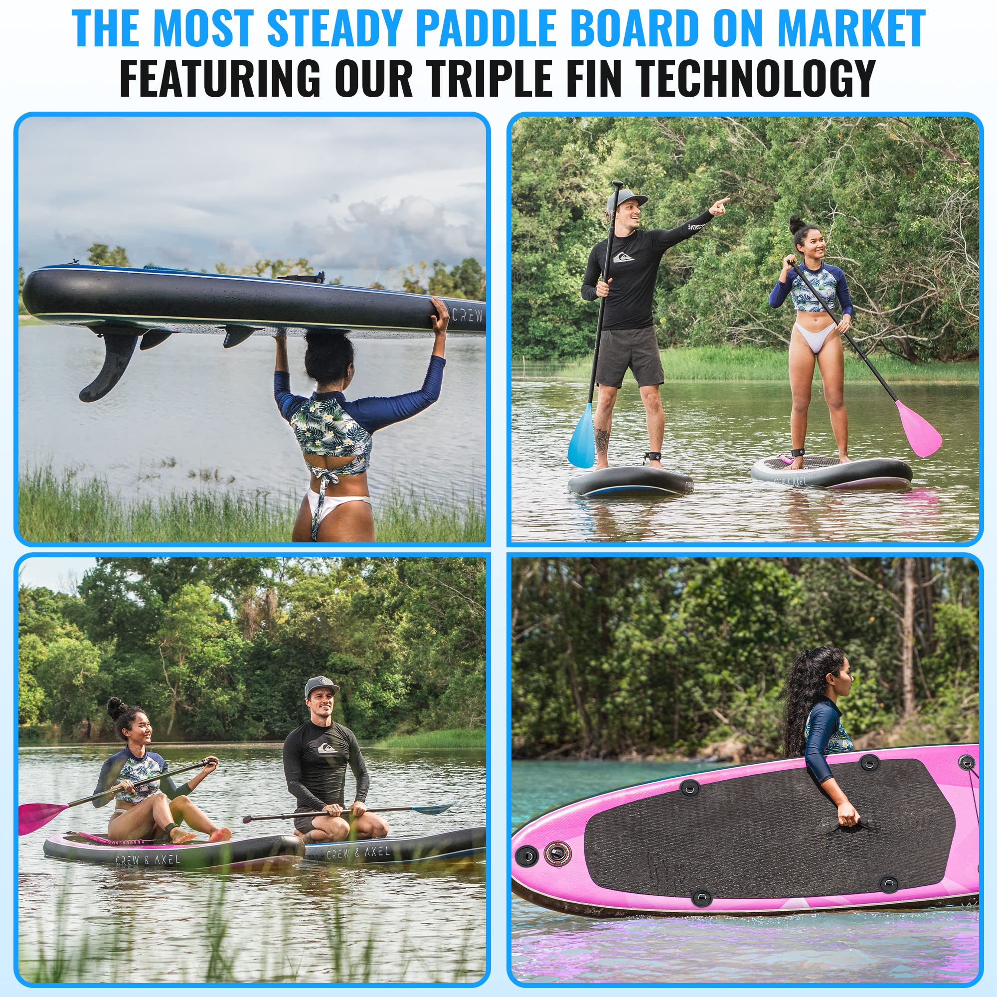 Inflatable Paddle Board SUP by Crew & Axel - 10FT 33" Wide (6.2” Thick) Stand up Paddleboard Set W/Backpack, 3 Fins, Floating Paddle, Light Weight (17lb), Drybag, Camera Mount, Rings Seat Blue