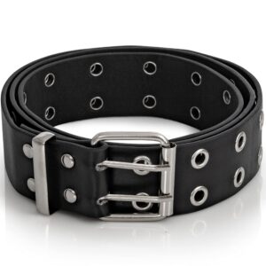 skeleteen double grommet punk belt - black faux leather 2 prong and holes aesthetic grunge belts for men women and kids (black, medium)