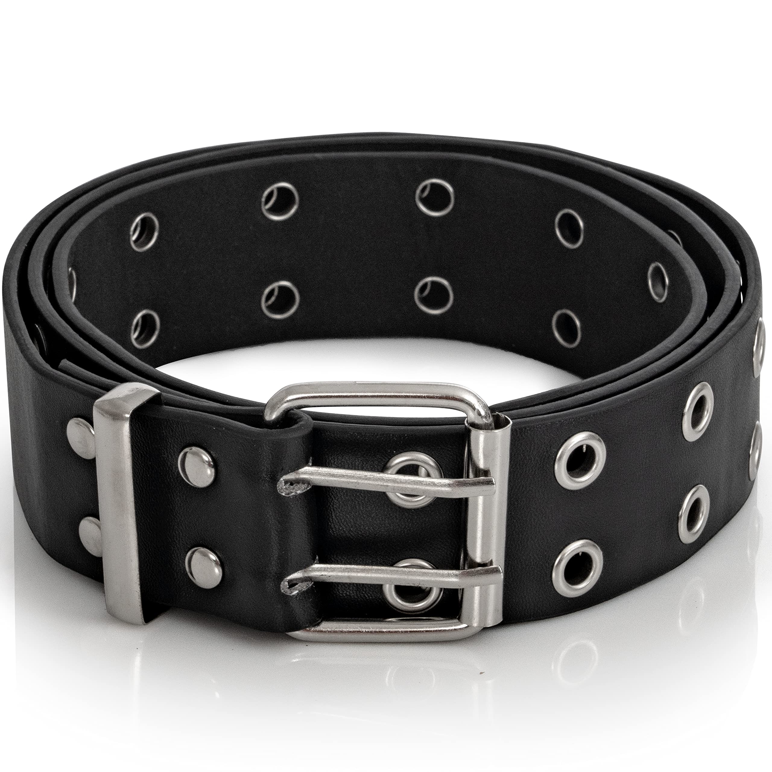 Skeleteen Double Grommet Punk Belt - Black Faux Leather 2 Prong and Holes Aesthetic Grunge Belts for Men Women and Kids (Black, Medium)