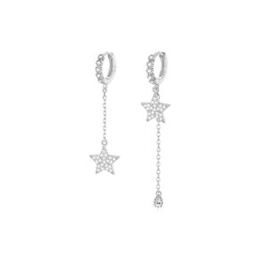 sluynz 925 sterling silver cz star dangle hoop earrings for women asymmetric star earrings chain (a-silver)