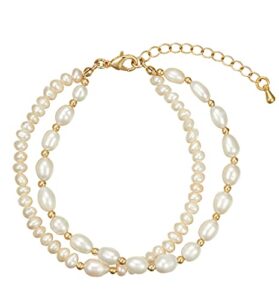 kvlmoze layered pearl bracelets vintage stylish 3-5mm handpicked double layer pearl strand bracelet for girls women