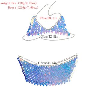 Salliy Boho Body Chain Bra Gold Sexy Rhinestone Bikini Bra Body Halter Backless Sequins Chain Bra Beach Body Accessories Jewelry for Women and Girls (Blue Jacket)