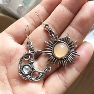 Retro Sun Moon Earrings & Necklace Moonstone Asymmetric Boho style Earrings for Women Jewelry-Earrings A