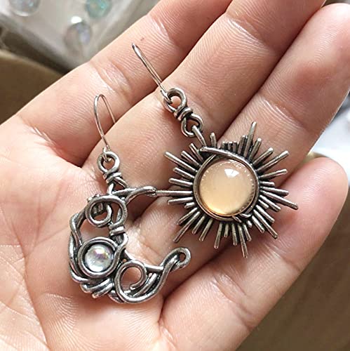 Retro Sun Moon Earrings & Necklace Moonstone Asymmetric Boho style Earrings for Women Jewelry-Earrings A