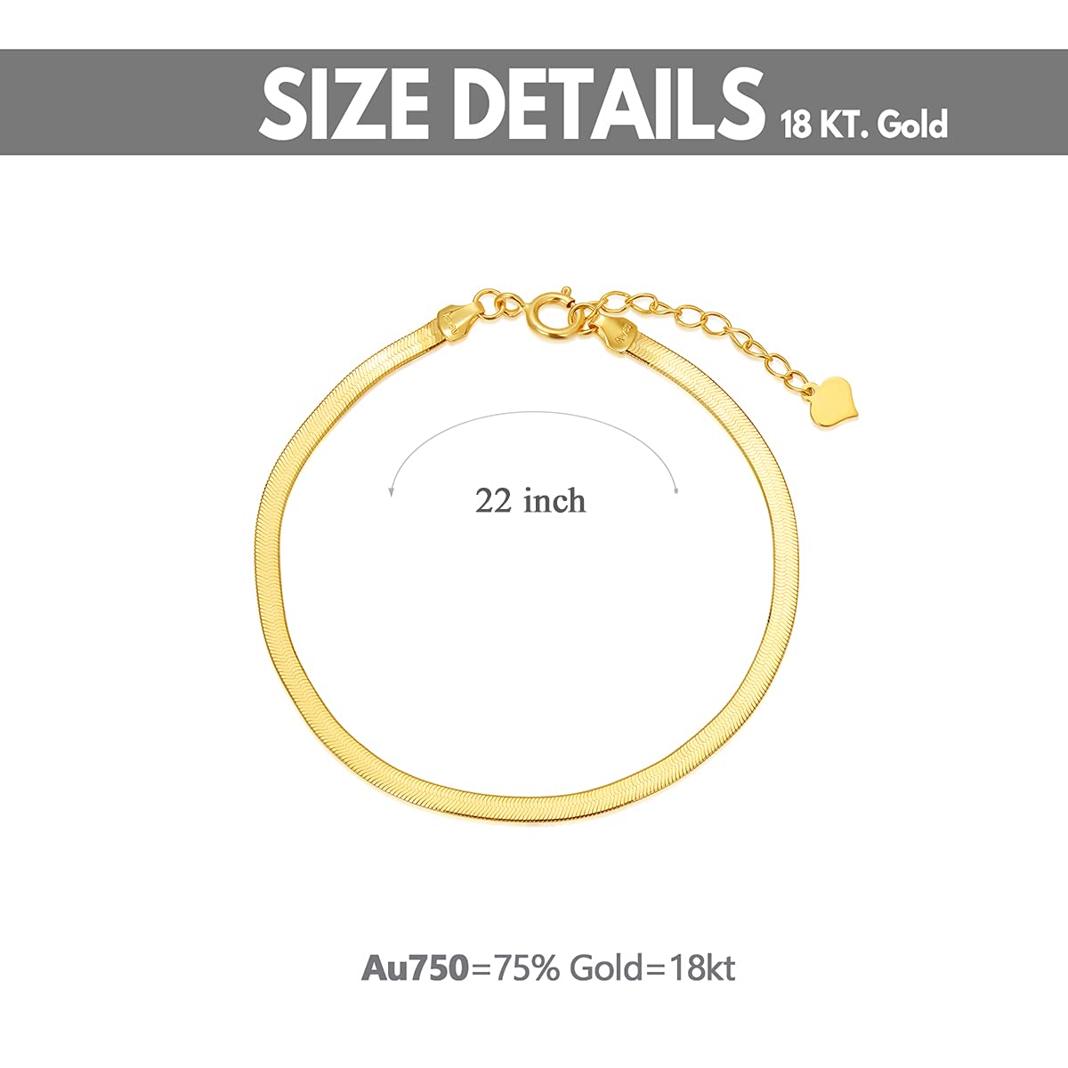 18K Solid Gold Herringbone Chain Bracelet for Women, 2.4mm Gold Italian Herringbone Link Chain Jewelry Gift for Mom, Wife, 7Inch