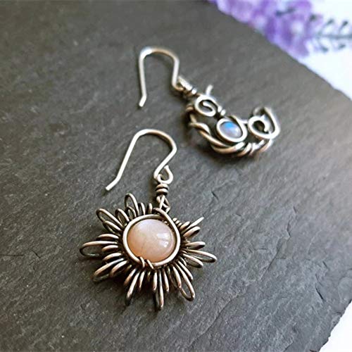 Retro Sun Moon Earrings & Necklace Moonstone Asymmetric Boho style Earrings for Women Jewelry-Earrings A