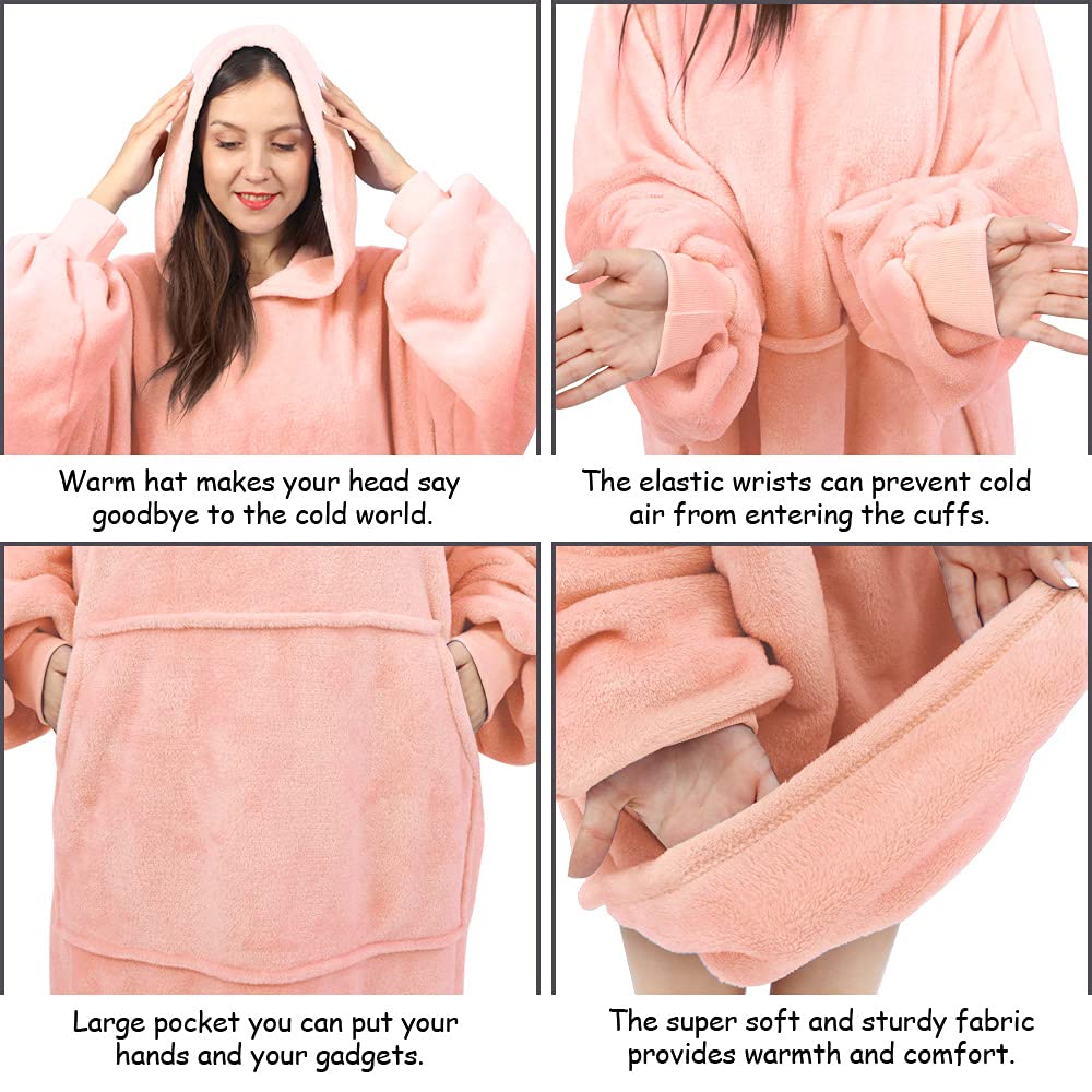 Daverose Oversized Wearable Blanket Hoodie for Women Men Adults, Fleece Hoodie Blanket Sweatshirt with Giant Hood & Pocket for Teens, Cozy Hooded Blanket as A Gift Indoor & Outdoor, Light Pink