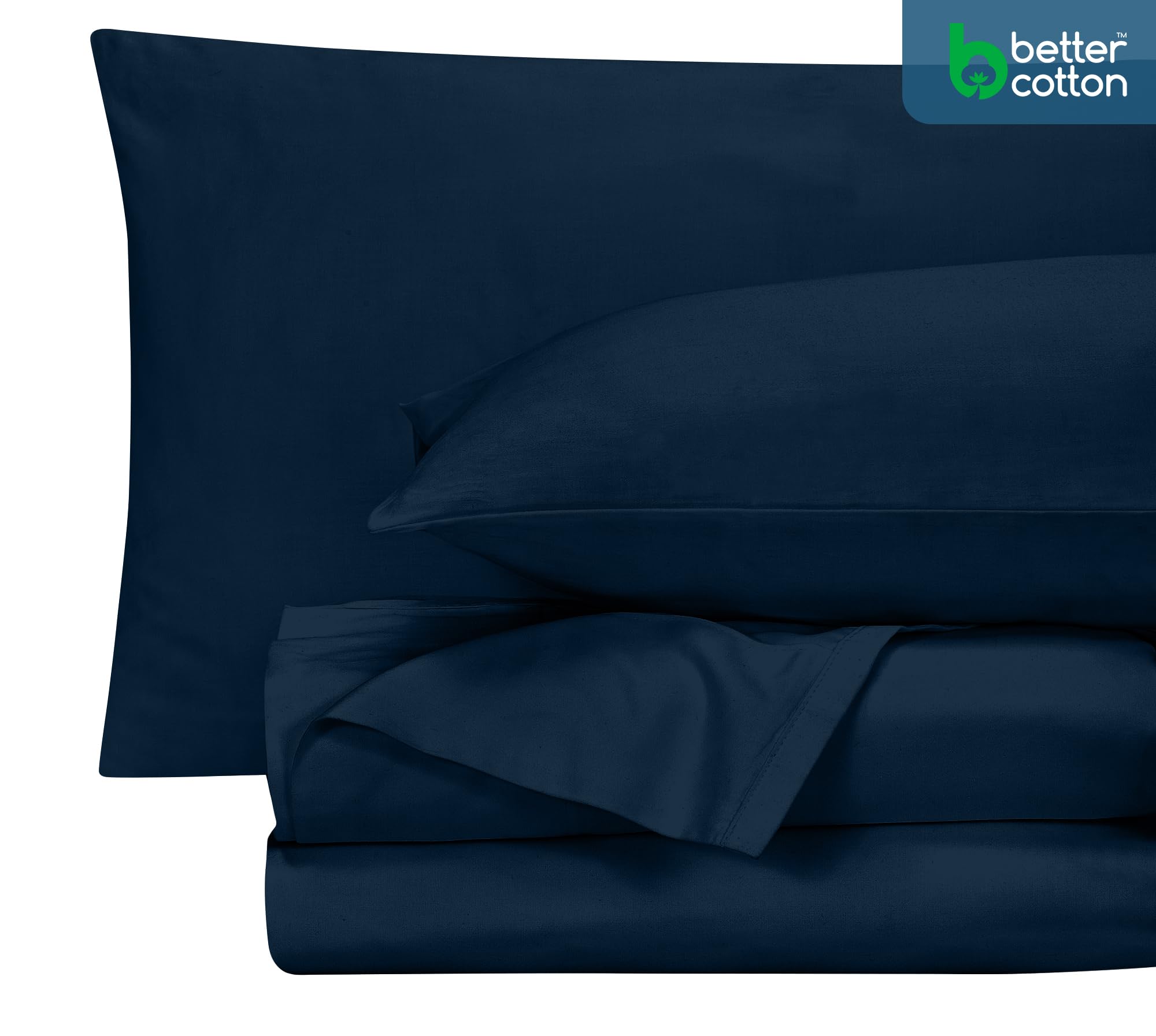 ROYALE LINENS 400 Thread Count 100% American Grown Cotton 4 Piece Sateen Queen Sheet Set - 1 Fitted Sheet, 1 Flat Sheet, 2 Pillow case - Navy Queen Bedsheet - Cotton Sheets - (Queen, Rivera Navy)