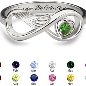 Elsie Lopez Personalized Angel Wing Infinity Heart Ring with Birthstone Sterling Silver 925 Wedding Band Ring Engagement Ring for Her (Silver)