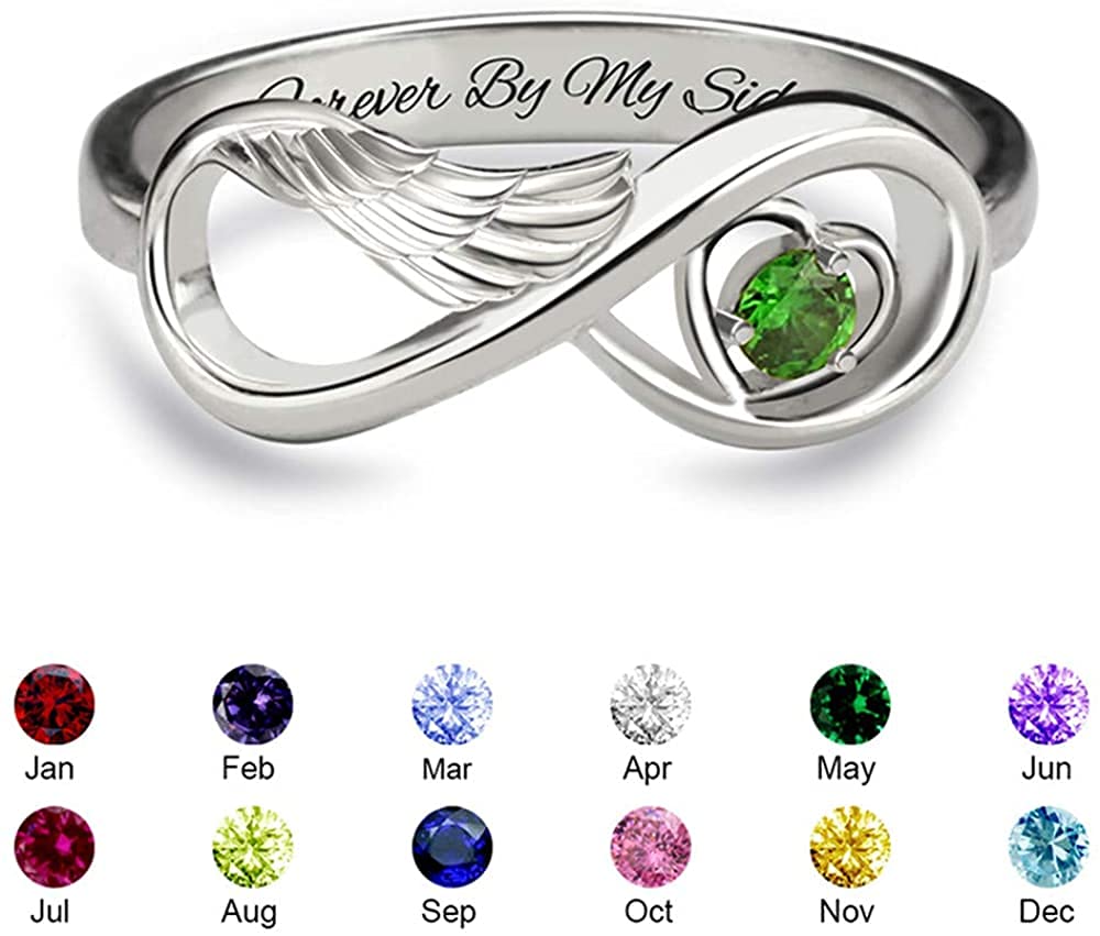 Elsie Lopez Personalized Angel Wing Infinity Heart Ring with Birthstone Sterling Silver 925 Wedding Band Ring Engagement Ring for Her (Silver)