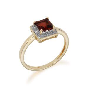 Ivy Gems Yellow Gold 9K Square Garnet 5 mm and Round Diamond Promise Ring Contemporary Design for Women January Birthstone Engagement Size 5